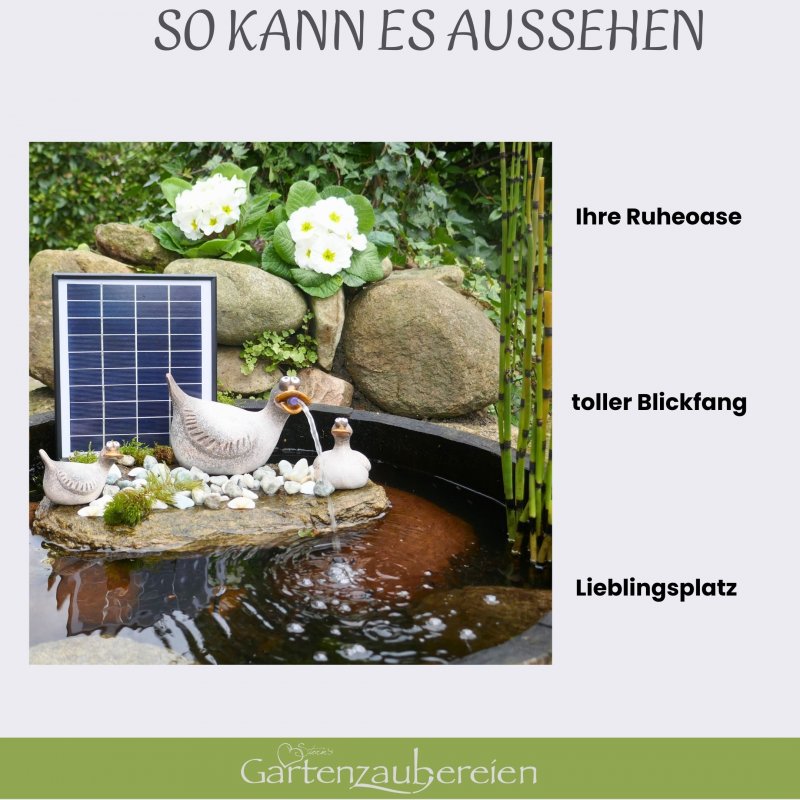 Keramik Wasserspeier mit Solarpumpe und Akku – Laufzeit ohne Sonne 4