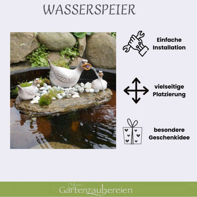 Keramik Wasserspeier mit Solarpumpe und Akku – Laufzeit ohne Sonne 4